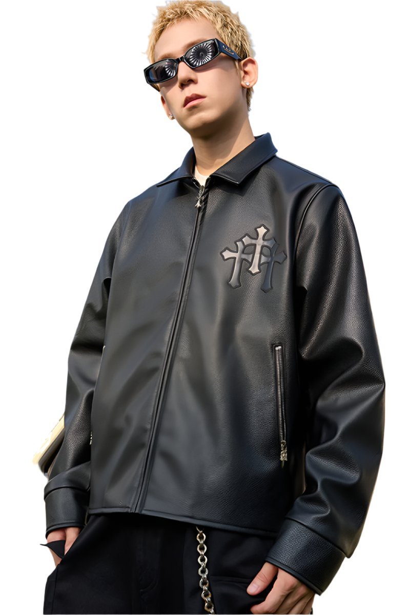 Metal Cross Logo Textured Leather Jacket – Copping Zone B2B